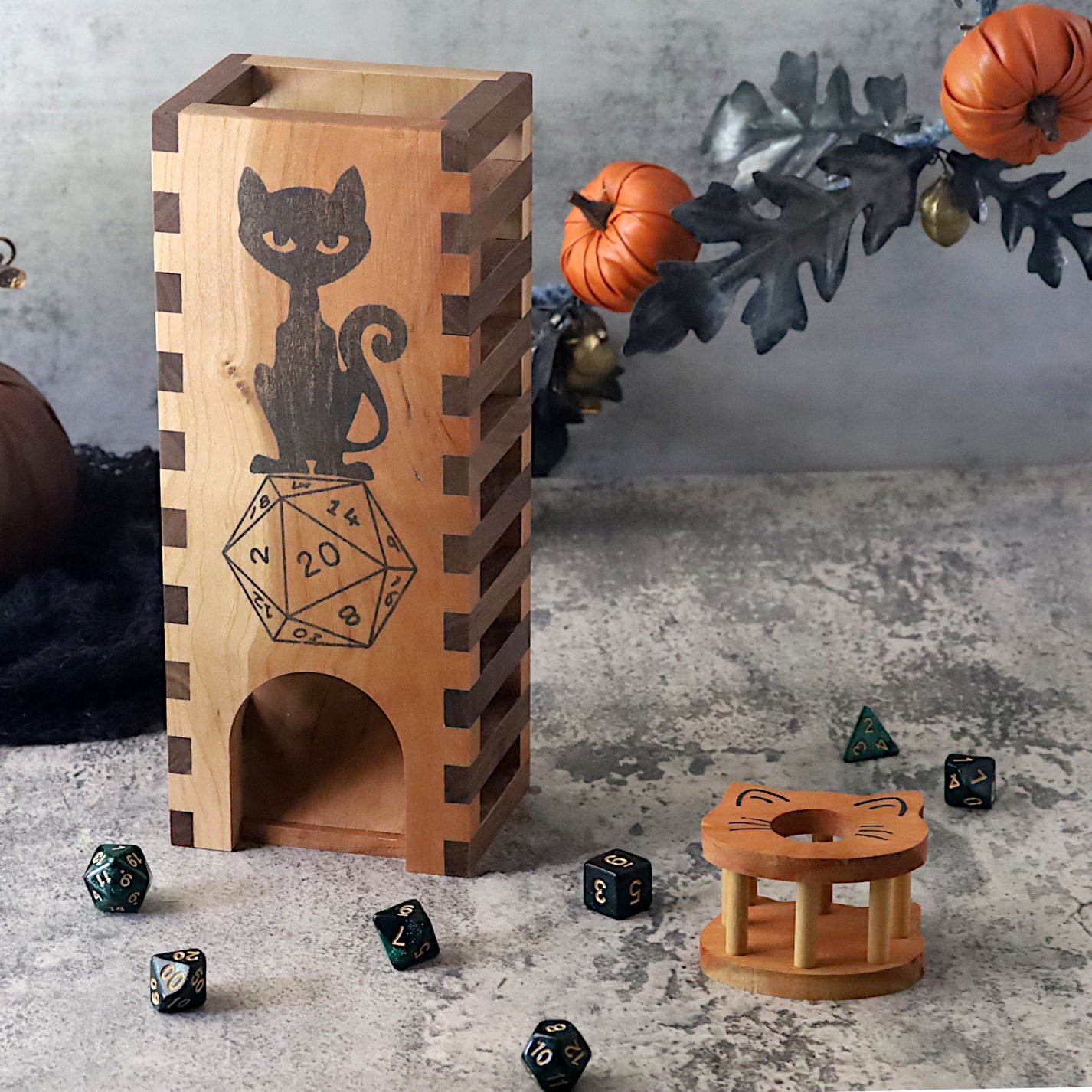 Cherry and Walnut Skeleton Design Dice Tower with Cat and D20 Image ...