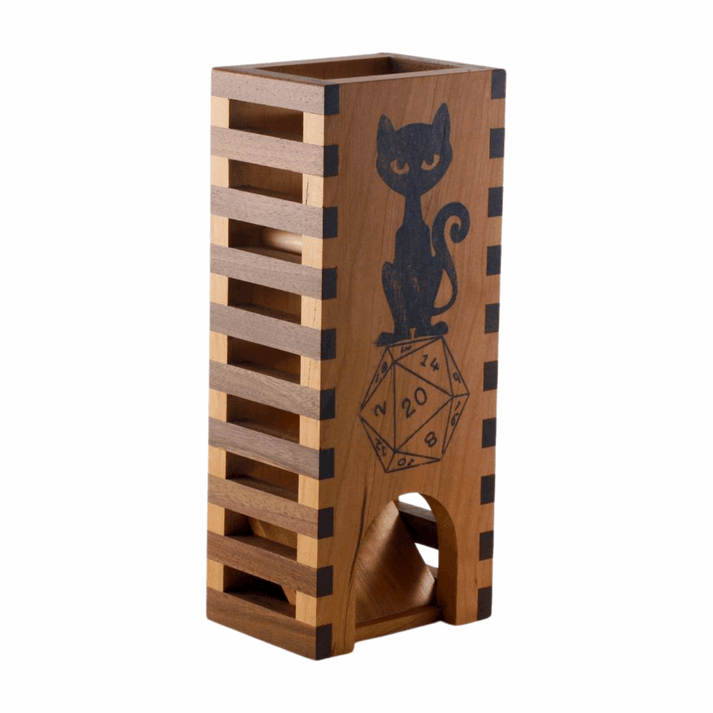 Cherry and Walnut Skeleton Design Dice Tower with Cat and D20 Image ...