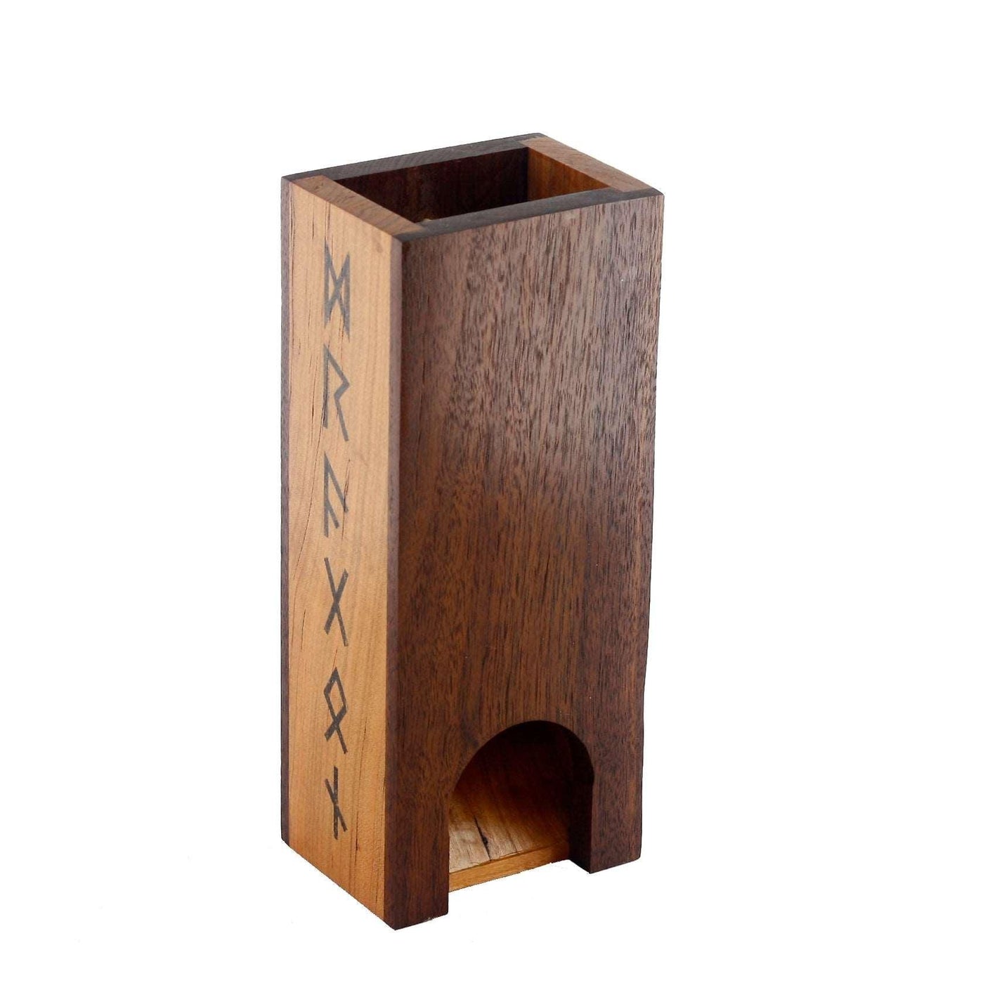 Walnut and Cherry Wooden Dice Tower with Runes – Dragon Armor Games